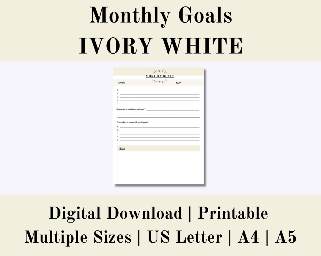 Monthly Goals Ivory White, Goals Digital Printable, Goal Setting ...
