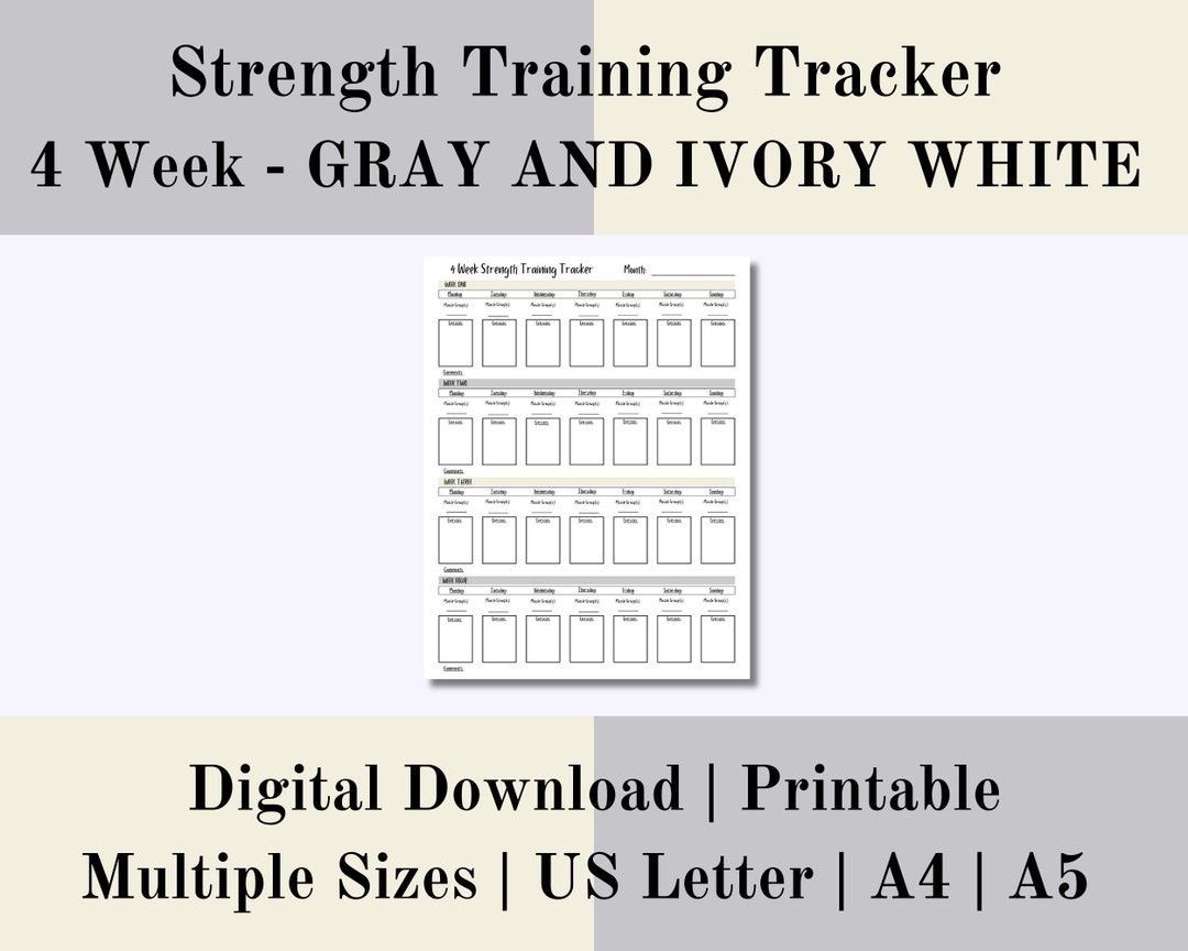 Weekly Strength Training 4 Week Tracker Gray Ivory White, Fitness ...
