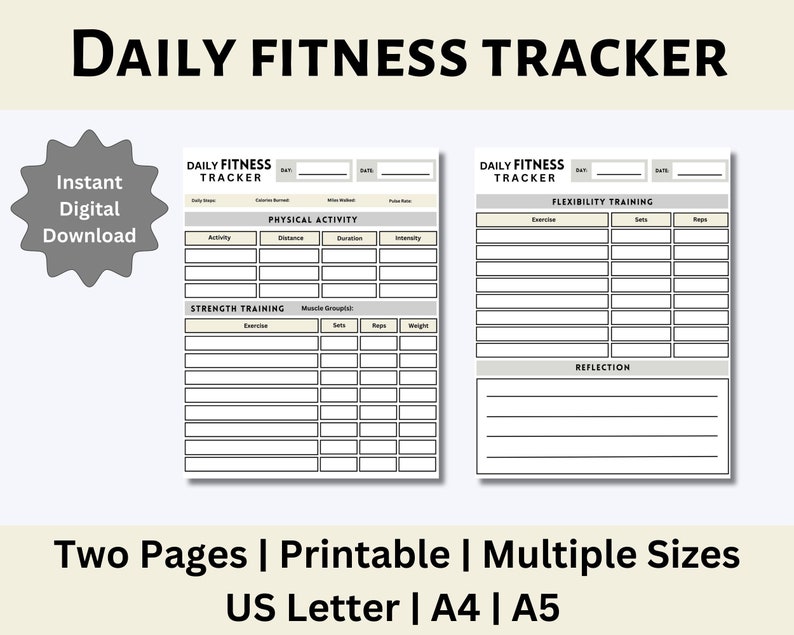 Daily Fitness Tracker Printable, Daily Fitness Log, Exercise Tracker ...