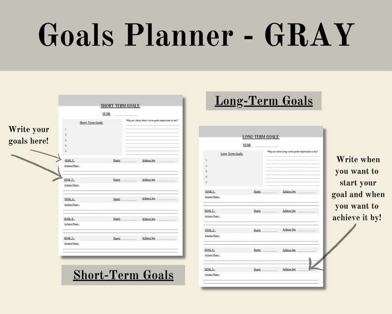 Goals Planner, Vision Board, Habit Tracker, Printable Digital Goal Gray ...