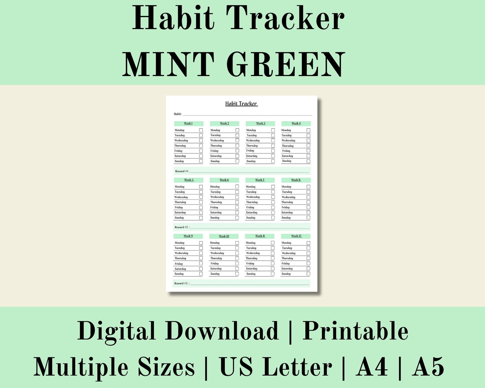 Monthly Habit Tracker Mint Green Printable, Weekly Tracker Digital ...