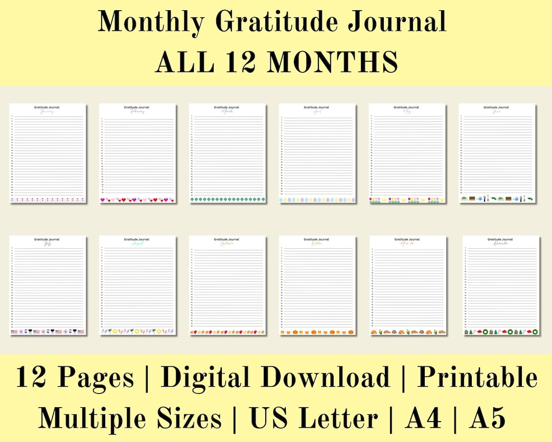 Monthly Gratitude Journal Printable All Months, Daily Gratitude ...