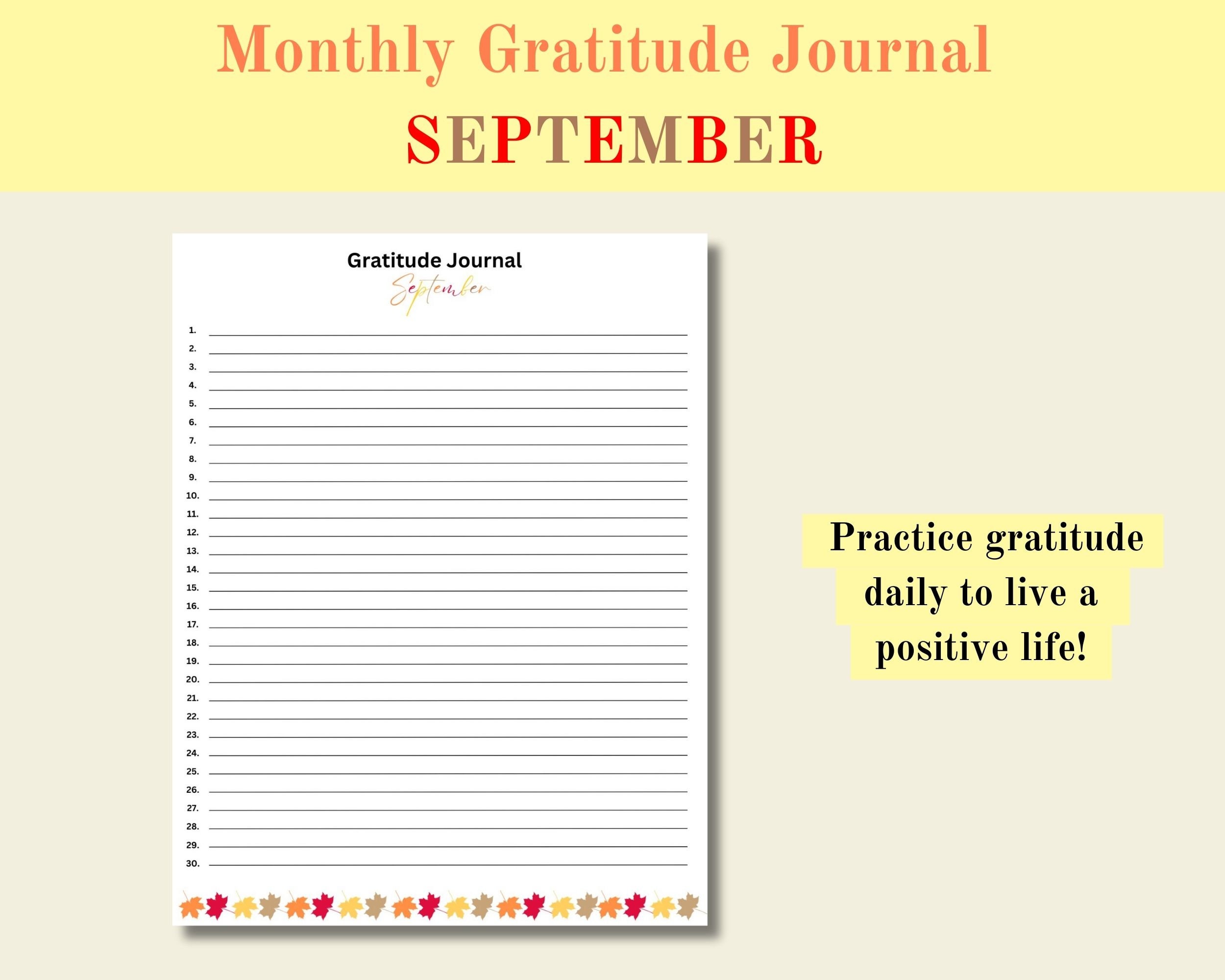 Monthly Gratitude Journal Printable, Daily Gratitude, September ...