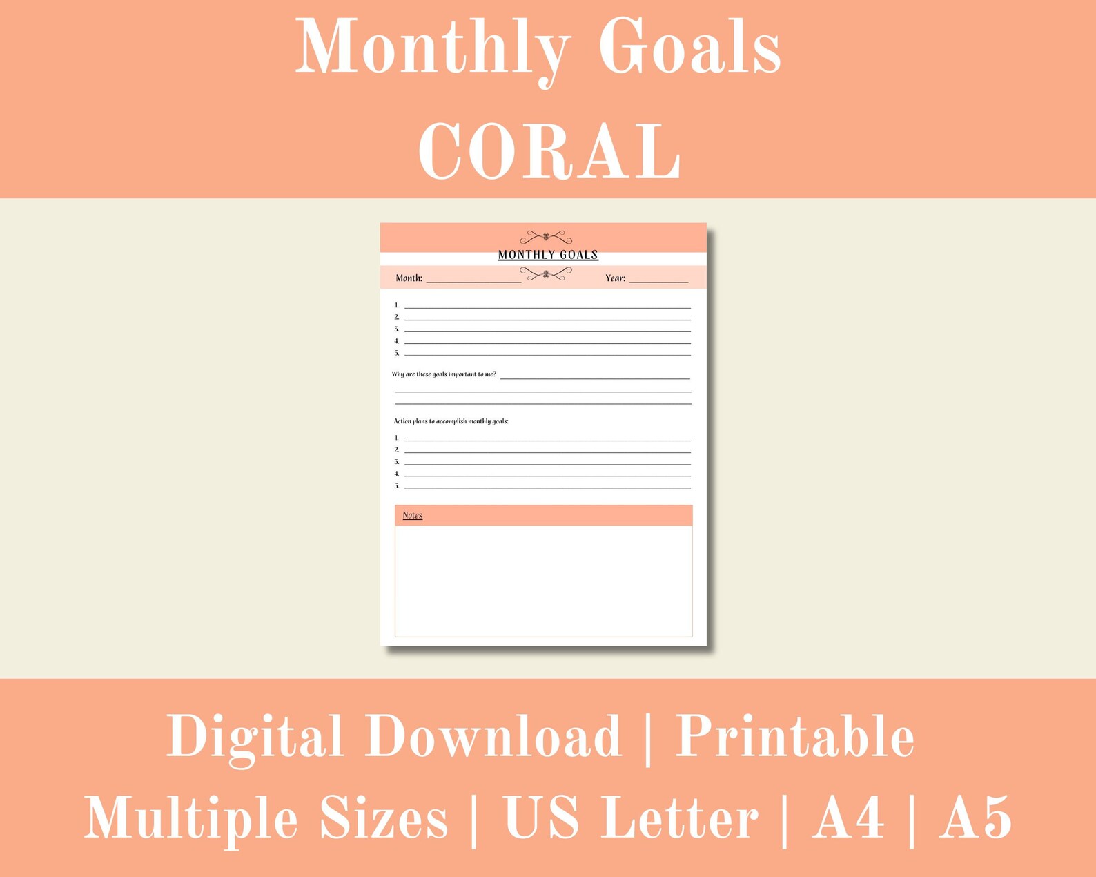 Monthly Goals Coral, Goals Digital Printable, Goal Setting Worksheet ...