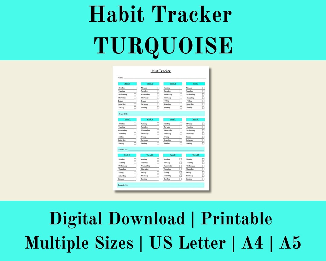 Monthly Habit Tracker Turquoise Printable, Weekly Tracker Digital ...