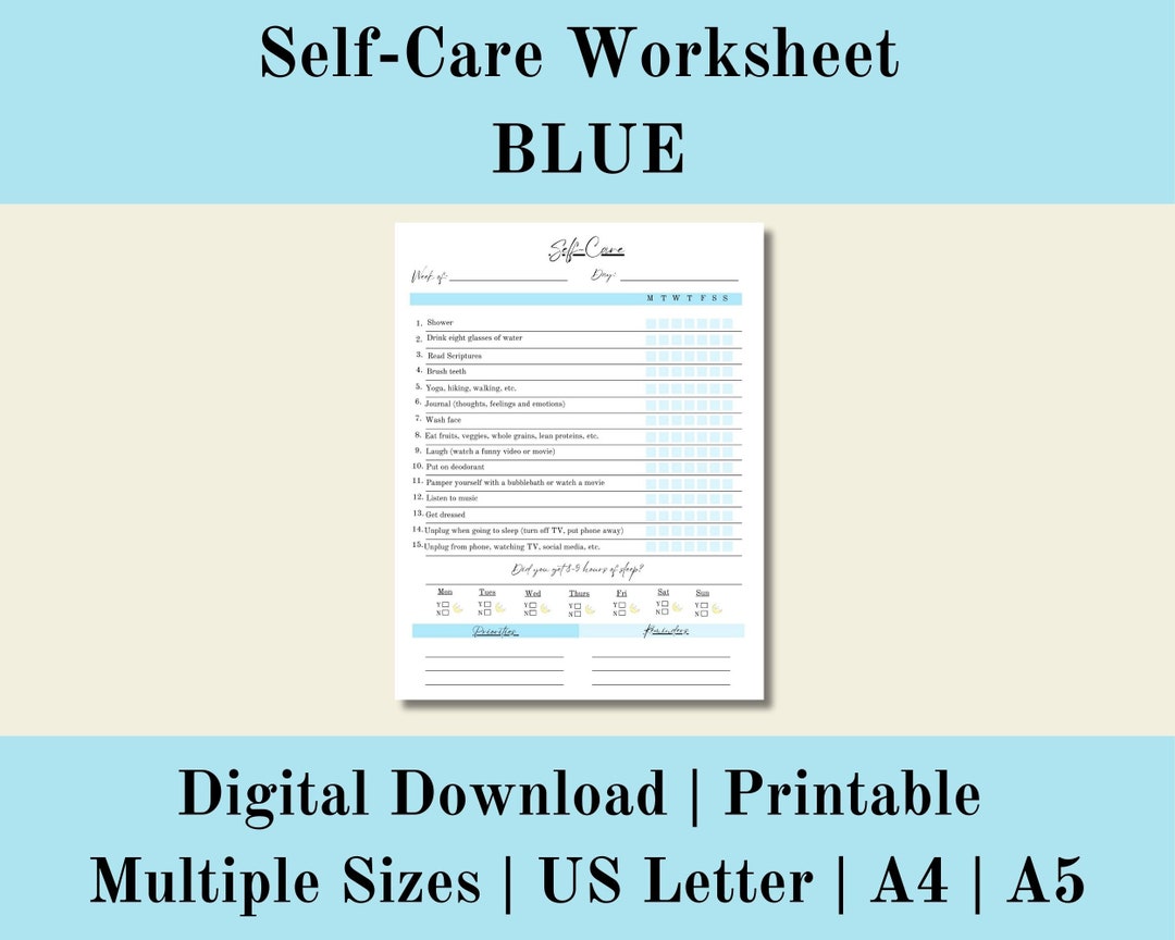 Blue Self Care Weekly Worksheet Printable Daily Self Care Journal