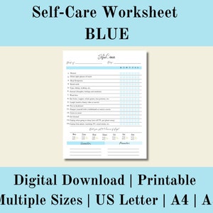 Blue Self Care Weekly Worksheet Printable, Daily Self Care Journal ...