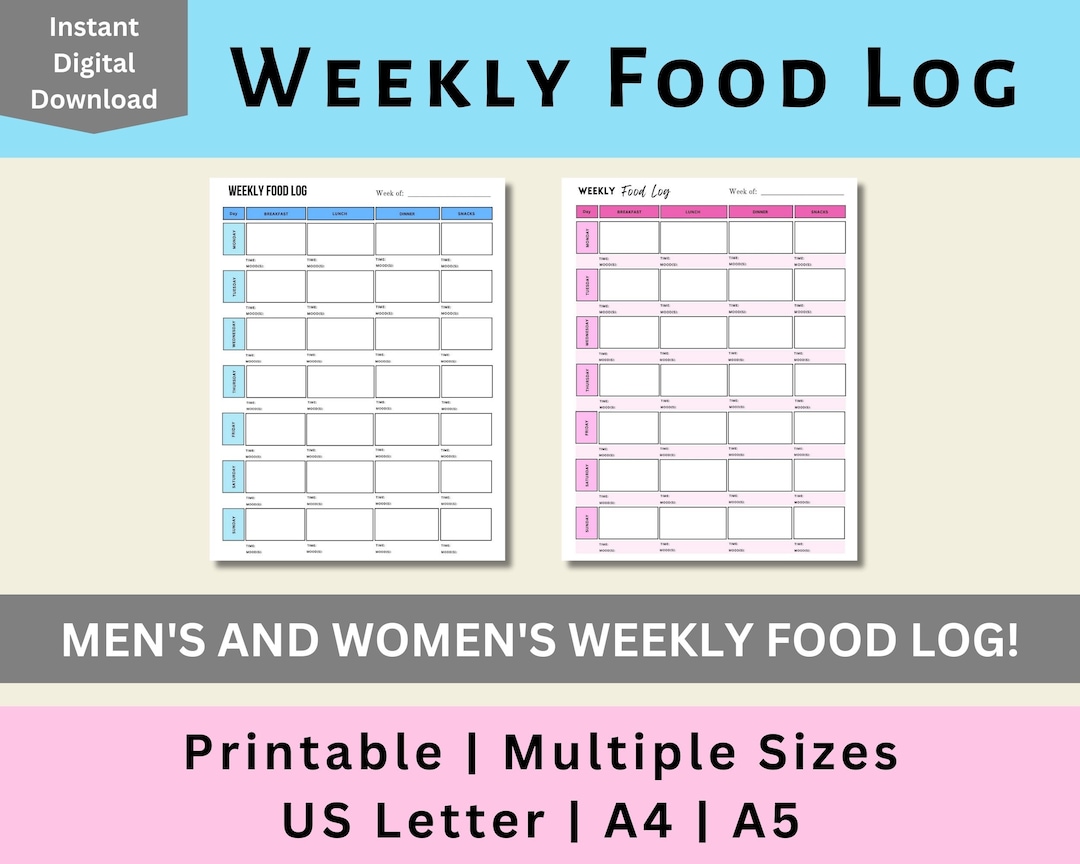 Weekly Food Log, Printable Weekly Food Log, Food Tracker, Meal Tracker ...