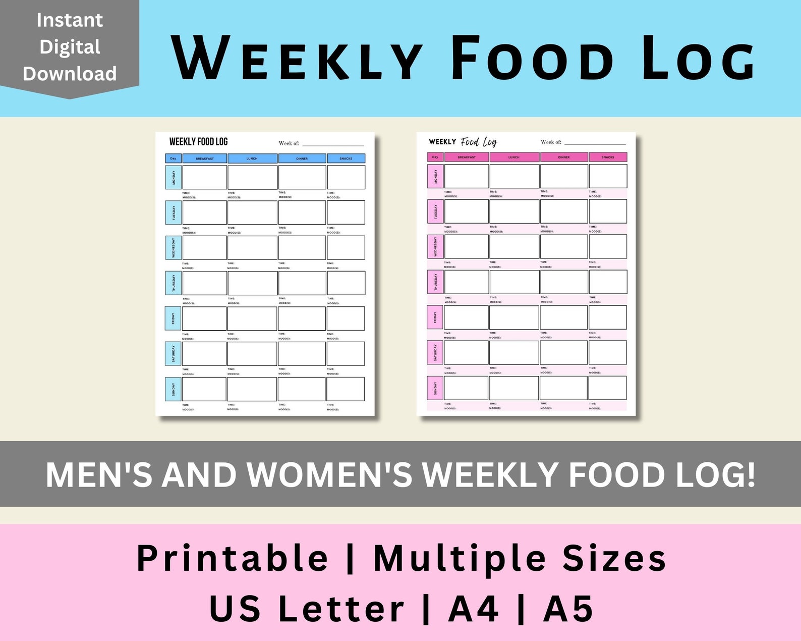 Weekly Food Log, Printable Weekly Food Log, Food Tracker, Meal Tracker ...