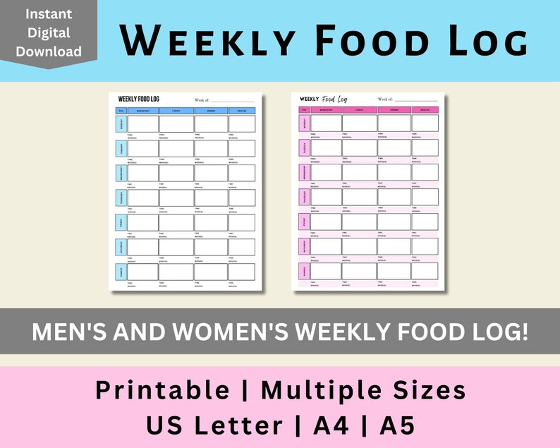 Weekly Food Log, Printable Weekly Food Log, Food Tracker, Meal Tracker ...