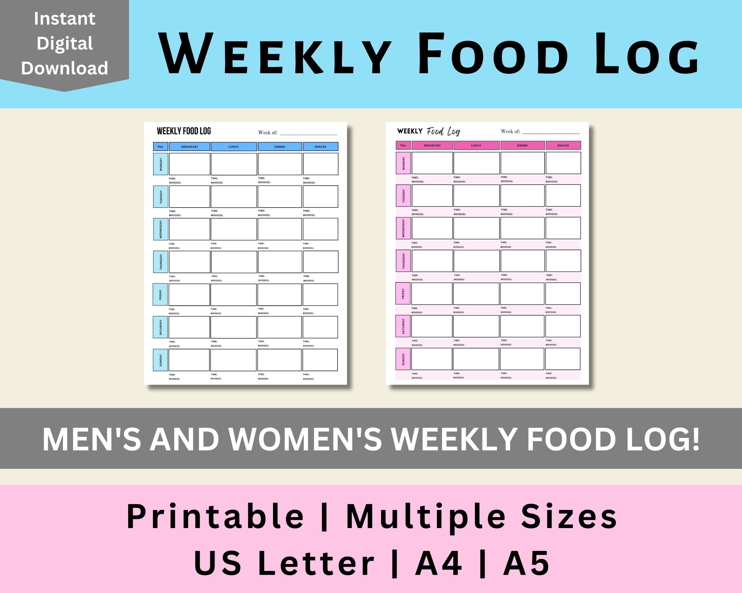 Weekly Food Log, Printable Weekly Food Log, Food Tracker, Meal Tracker ...