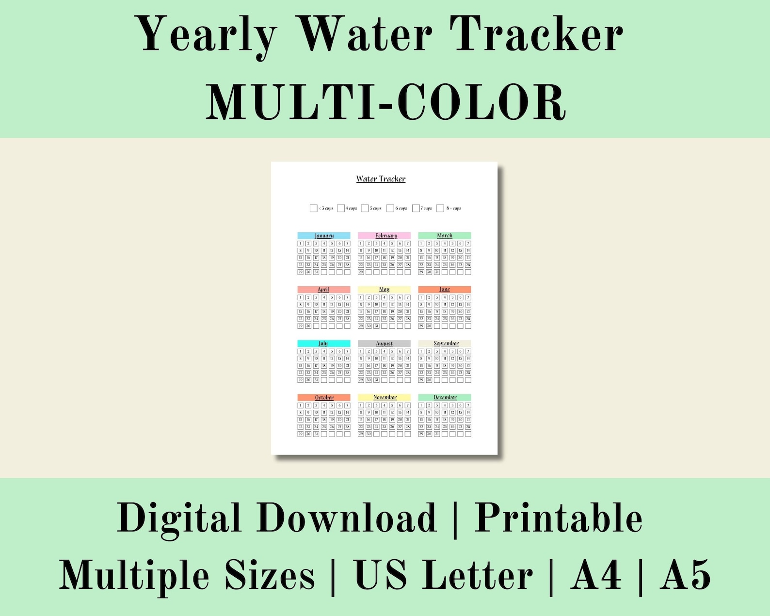 Multi Color Water Tracker Printable, Hydration Tracker, Habit Tracker ...