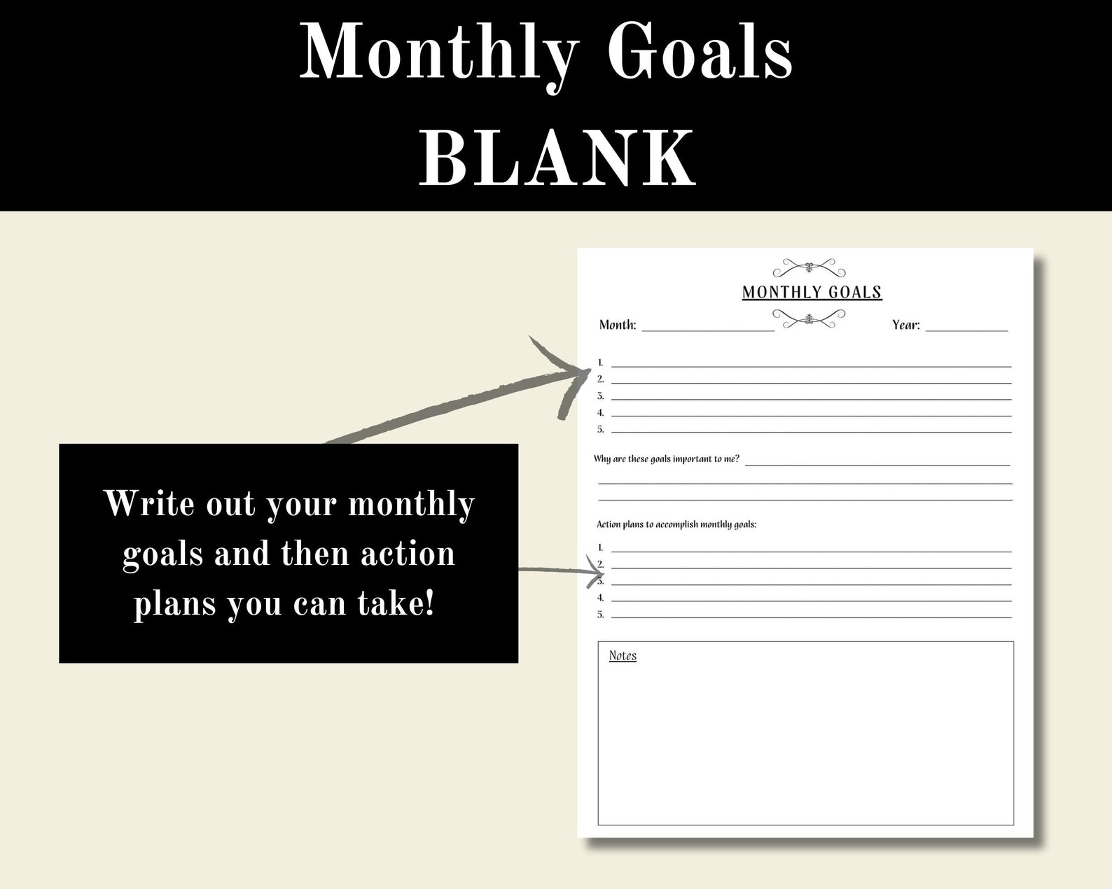 Monthly Goals Blank, Goals Digital Printable, Goal Setting Worksheet ...