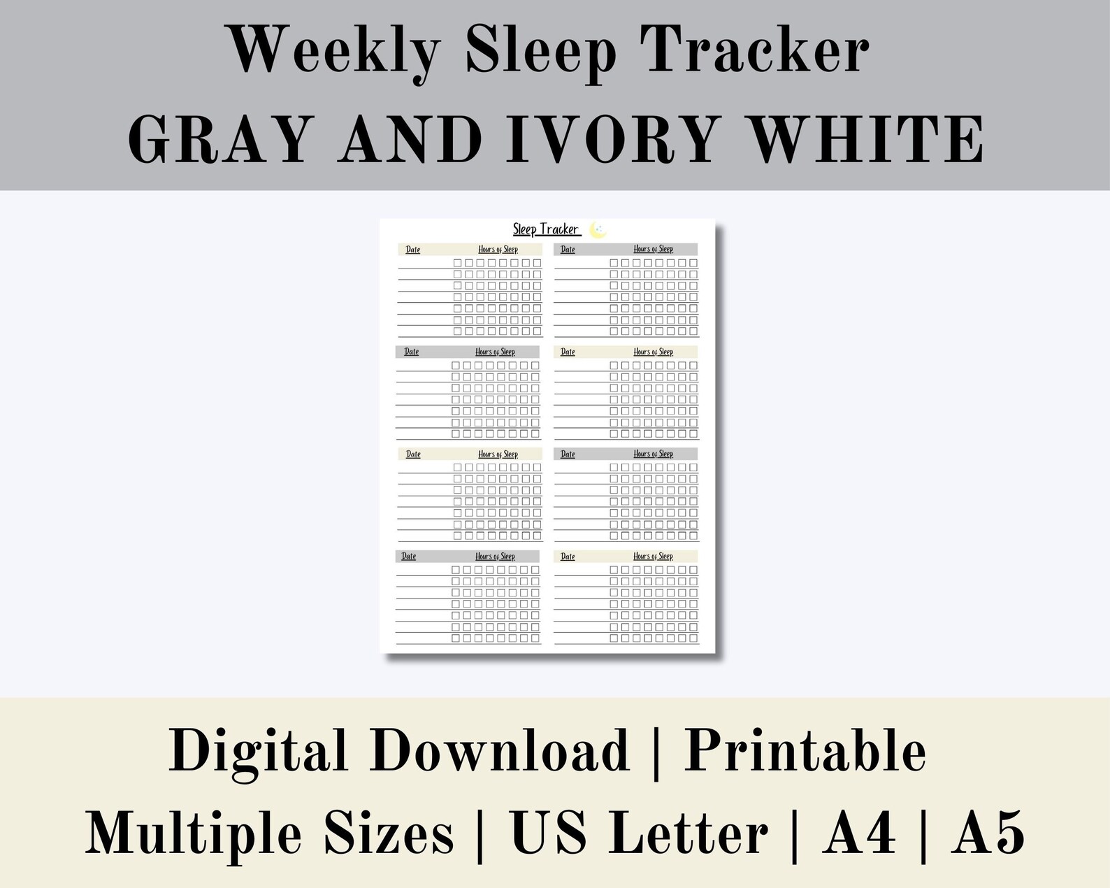 Gray and Ivory White Weekly Sleep Tracker Printable, Daily Sleep Log ...