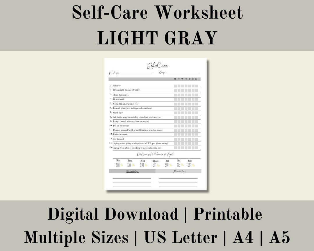Gray Self Care Weekly Worksheet Printable, Daily Self Care Journal ...