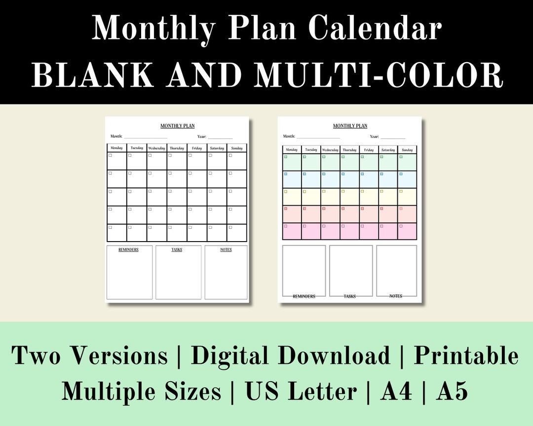 Monthly Calendar Multi Color Printable, Digital Goal Tracker Monthly ...