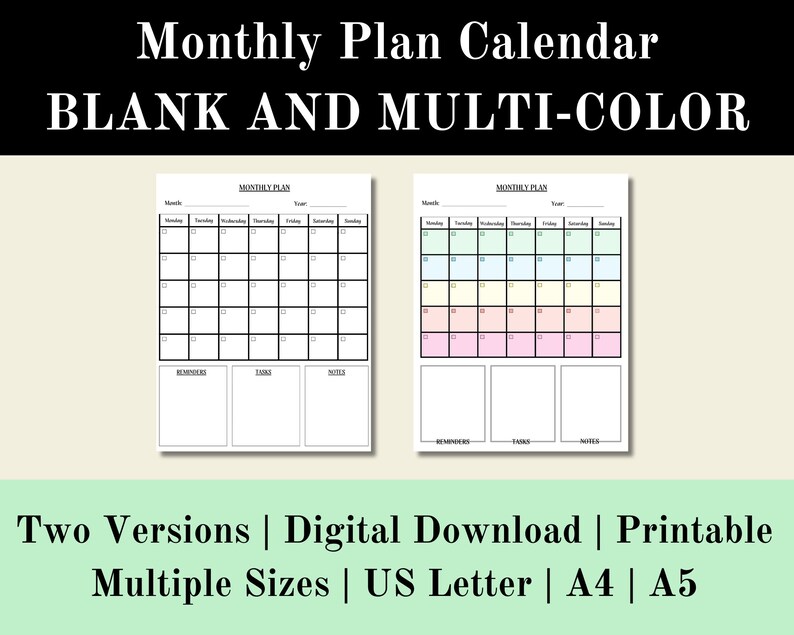 Monthly Calendar Multi Color Printable, Digital Goal Tracker Monthly ...