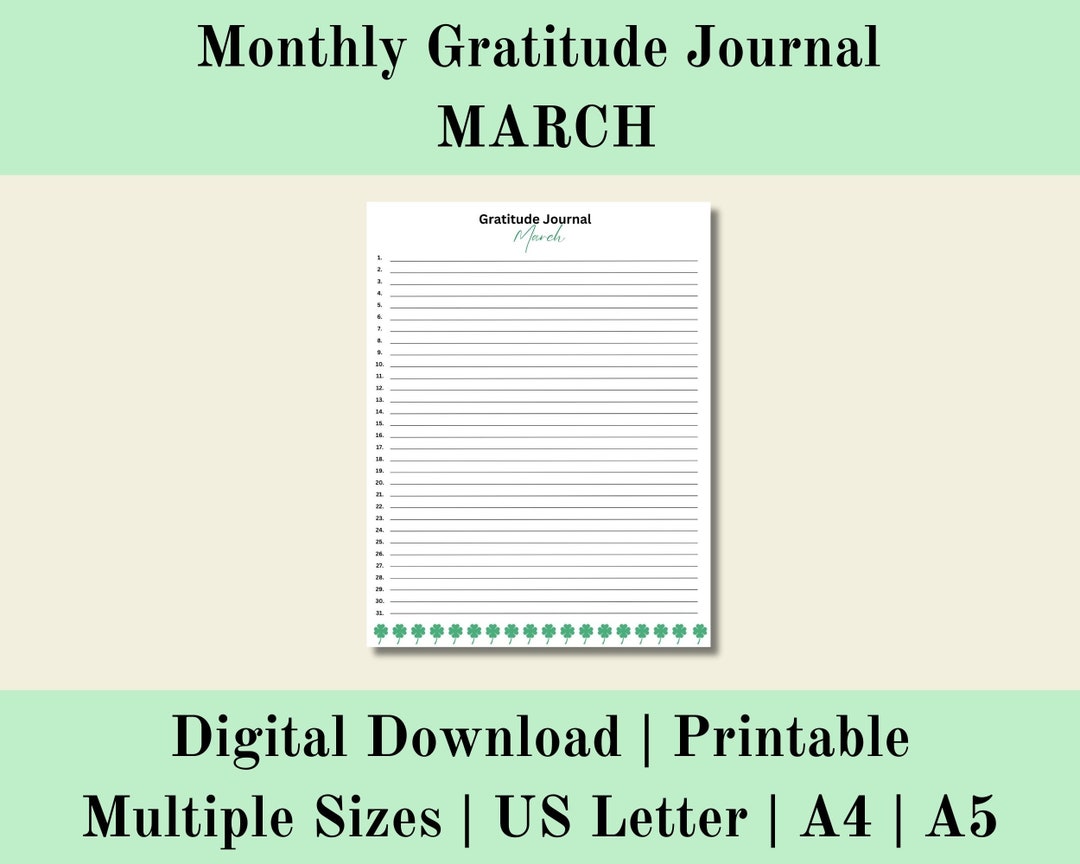 Monthly Gratitude Journal Printable, Daily Gratitude, March Gratitude ...