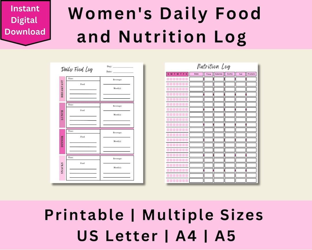 Printable Daily Food and Nutrition Log, Daily Food Log, Nutrition Log ...