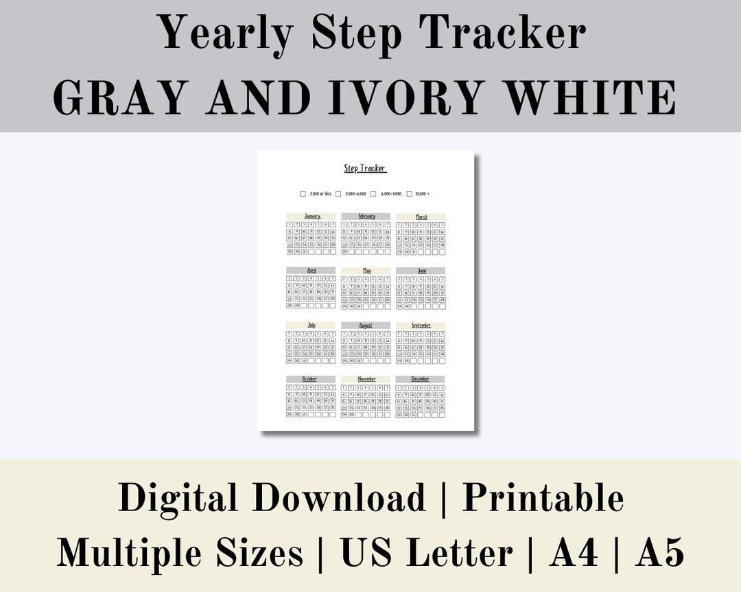 Yearly Step Tracker Gray Ivory White Printable, Daily Step Log Digital ...