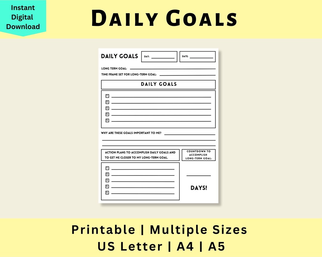 Daily Goals Printable, Daily Goal Sheet, Goal Setting Printable, Goal ...