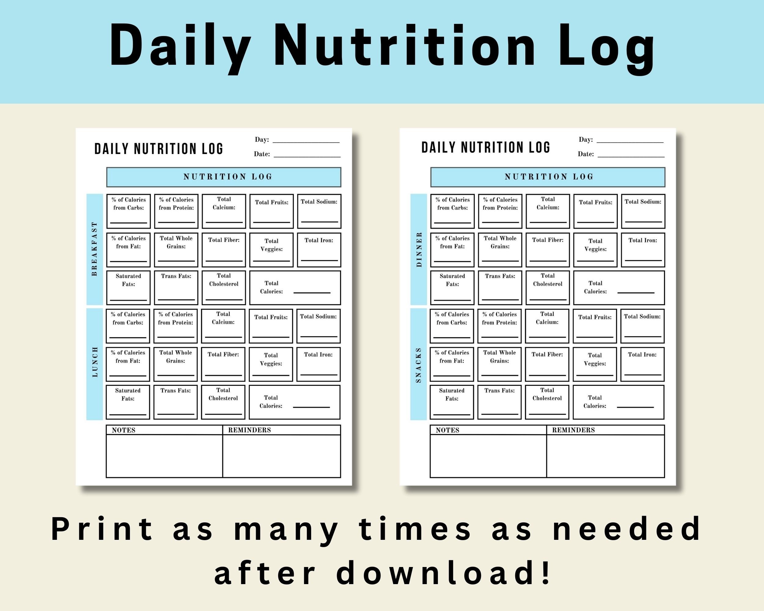 Printable Nutrition Log, Daily Nutrition Log, Meal Tracker, Food ...