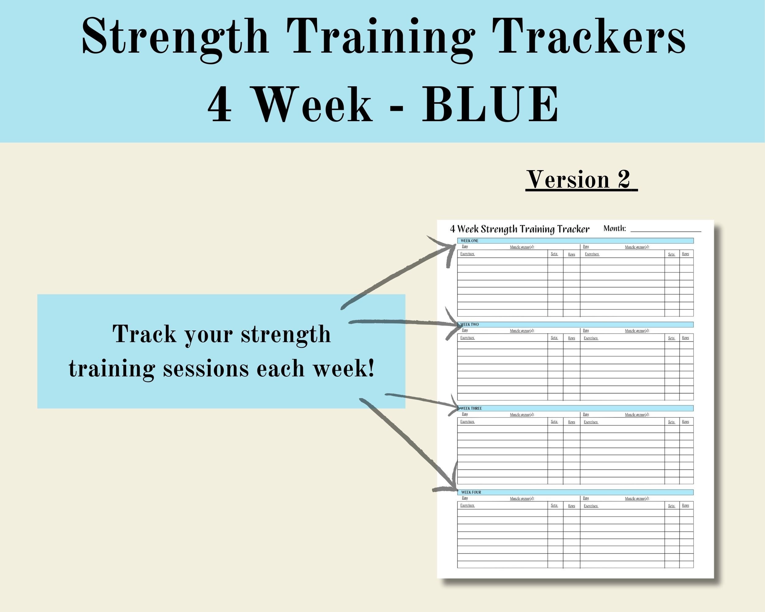 Weekly Strength Training 4 Week Trackers Blue, Fitness Tracker, Weight ...