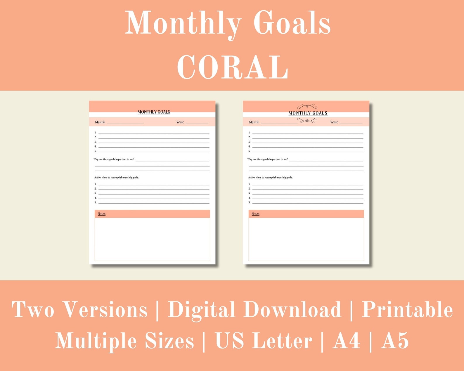 Monthly Goals Coral, Goals Digital Printable, Goal Setting Worksheets ...