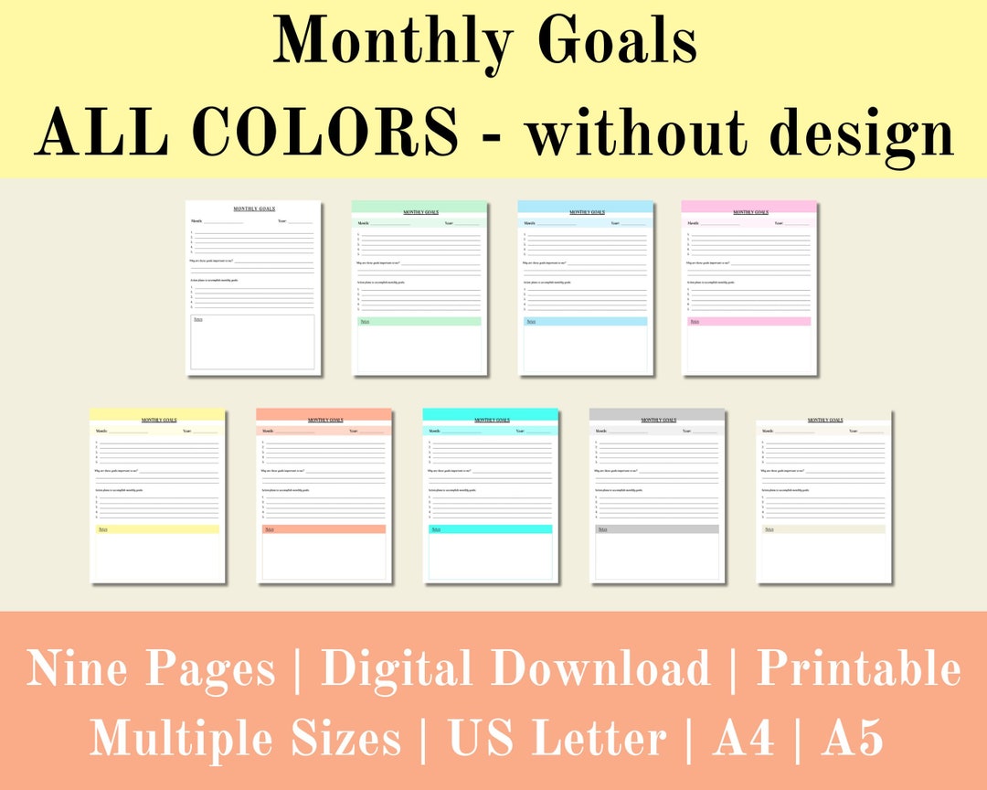 Monthly Goals, Goals Digital Printable, Goal Setting Worksheets ...