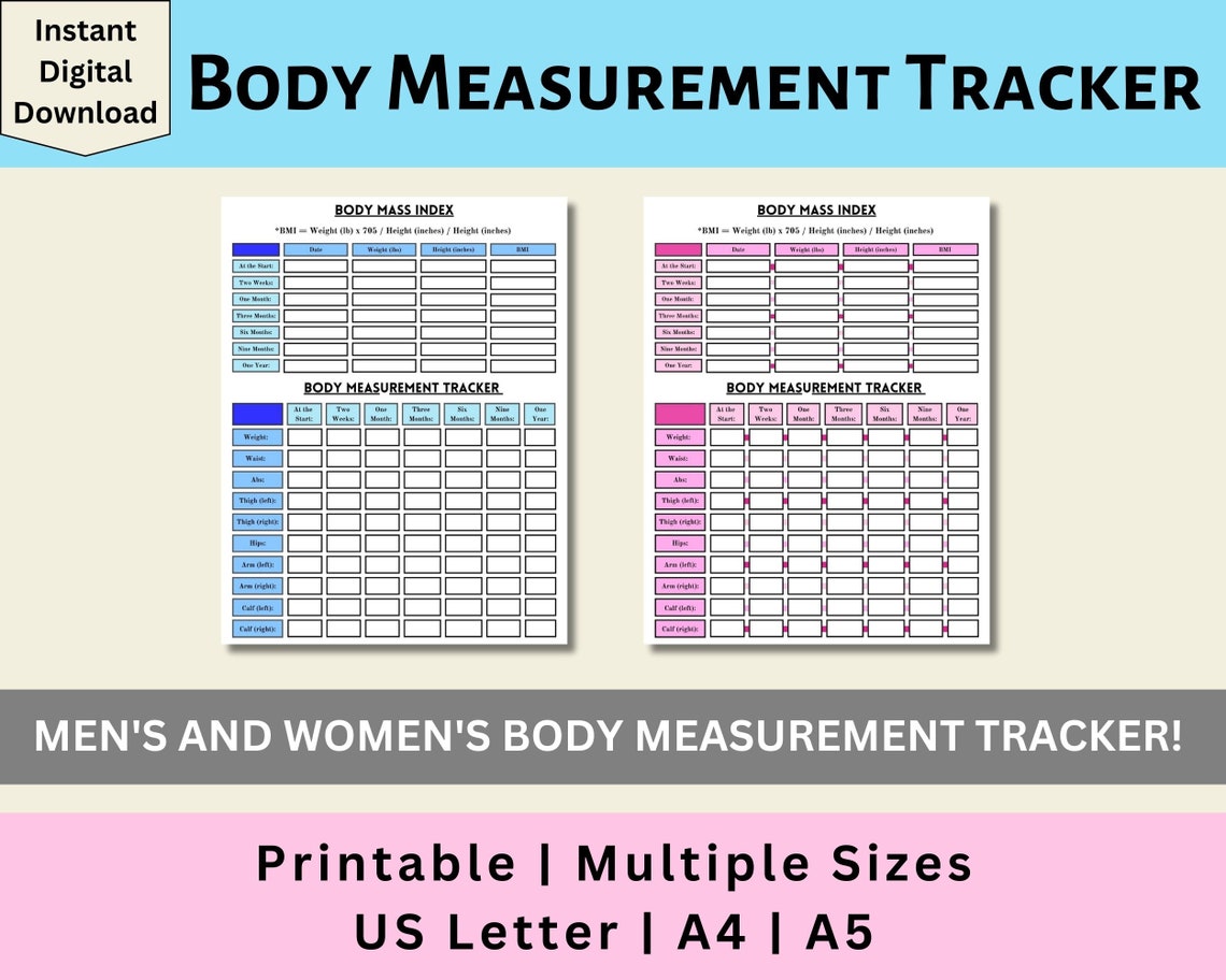 Body Measurement Tracker Printable, Men's and Women's, Body ...