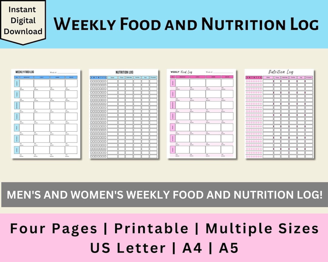 Printable Weekly Food and Nutrition Log, Weekly Food Log, Nutrition Log ...
