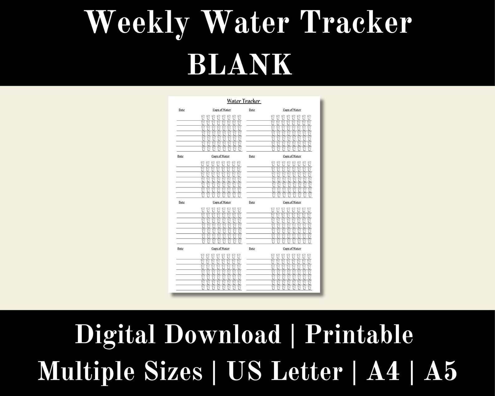Blank Water Tracker Printable, Hydration Tracker, Habit Tracker, Water ...