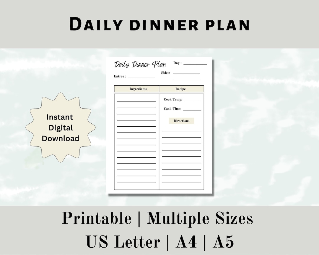 Meal Planner Printable, Daily Dinner Plan Printable, Printable Menu ...