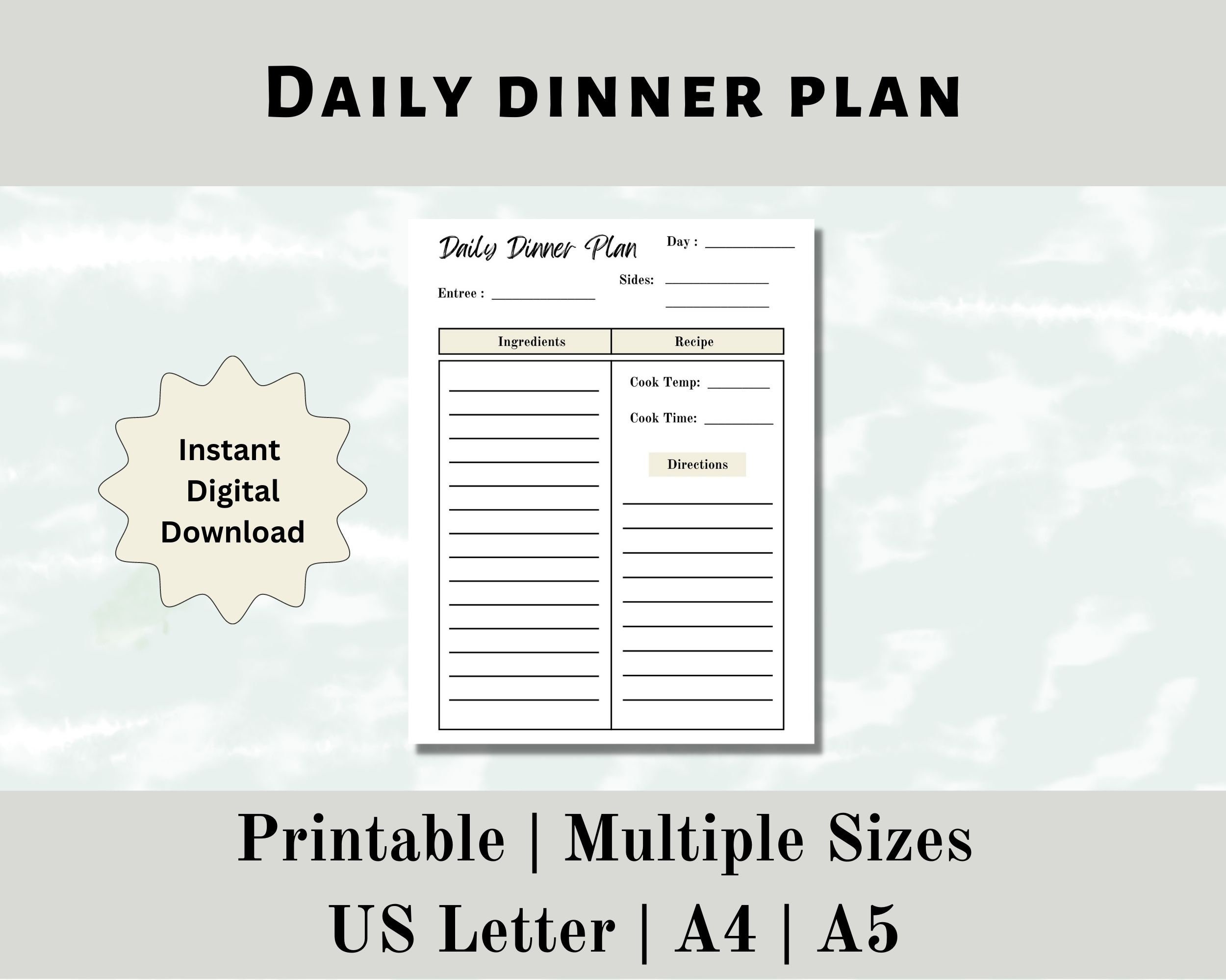Meal Planner Printable, Daily Dinner Plan Printable, Printable Menu ...