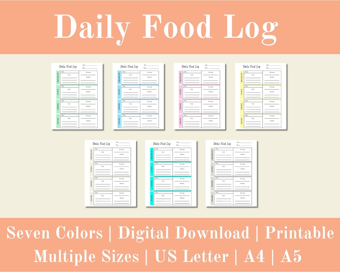 Daily Food Log, Printable Daily Food Log, Meal Tracker, Food Tracker ...