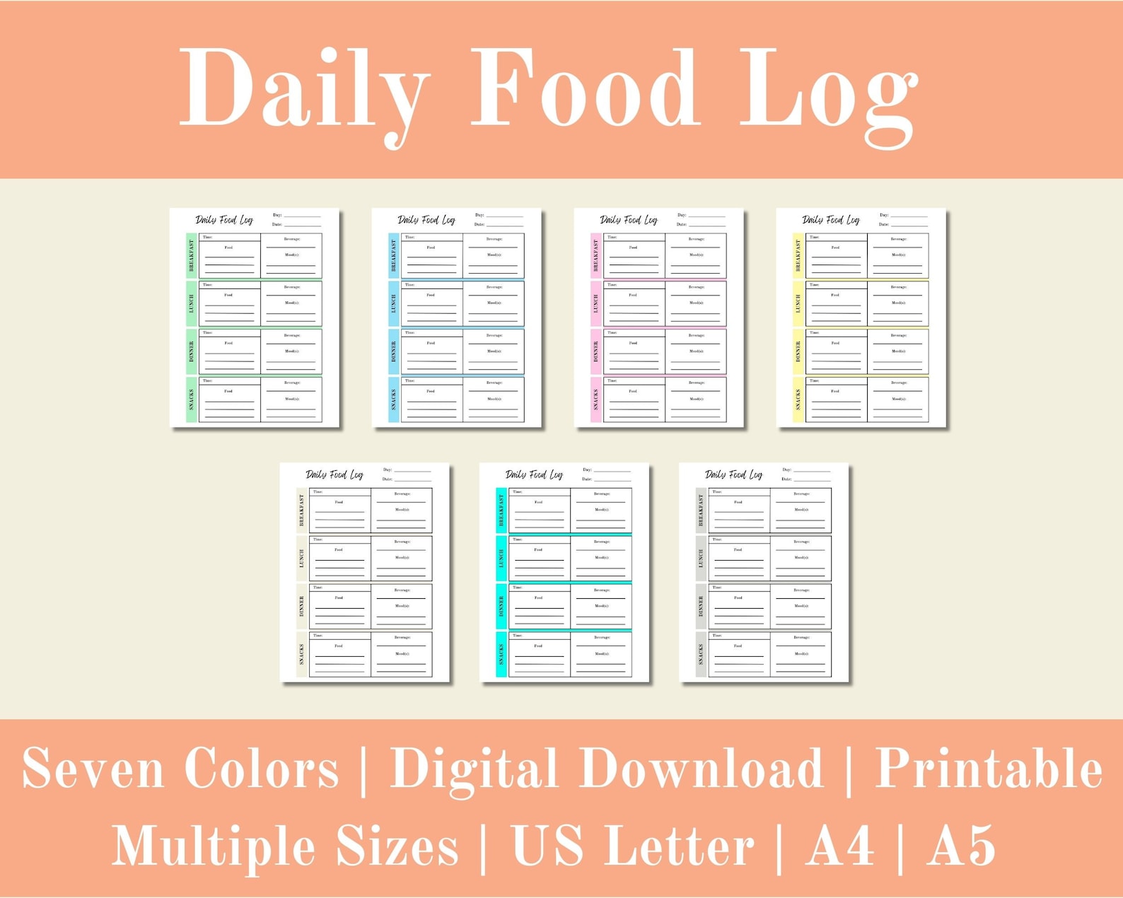 Daily Food Log, Printable Daily Food Log, Meal Tracker, Food Tracker ...