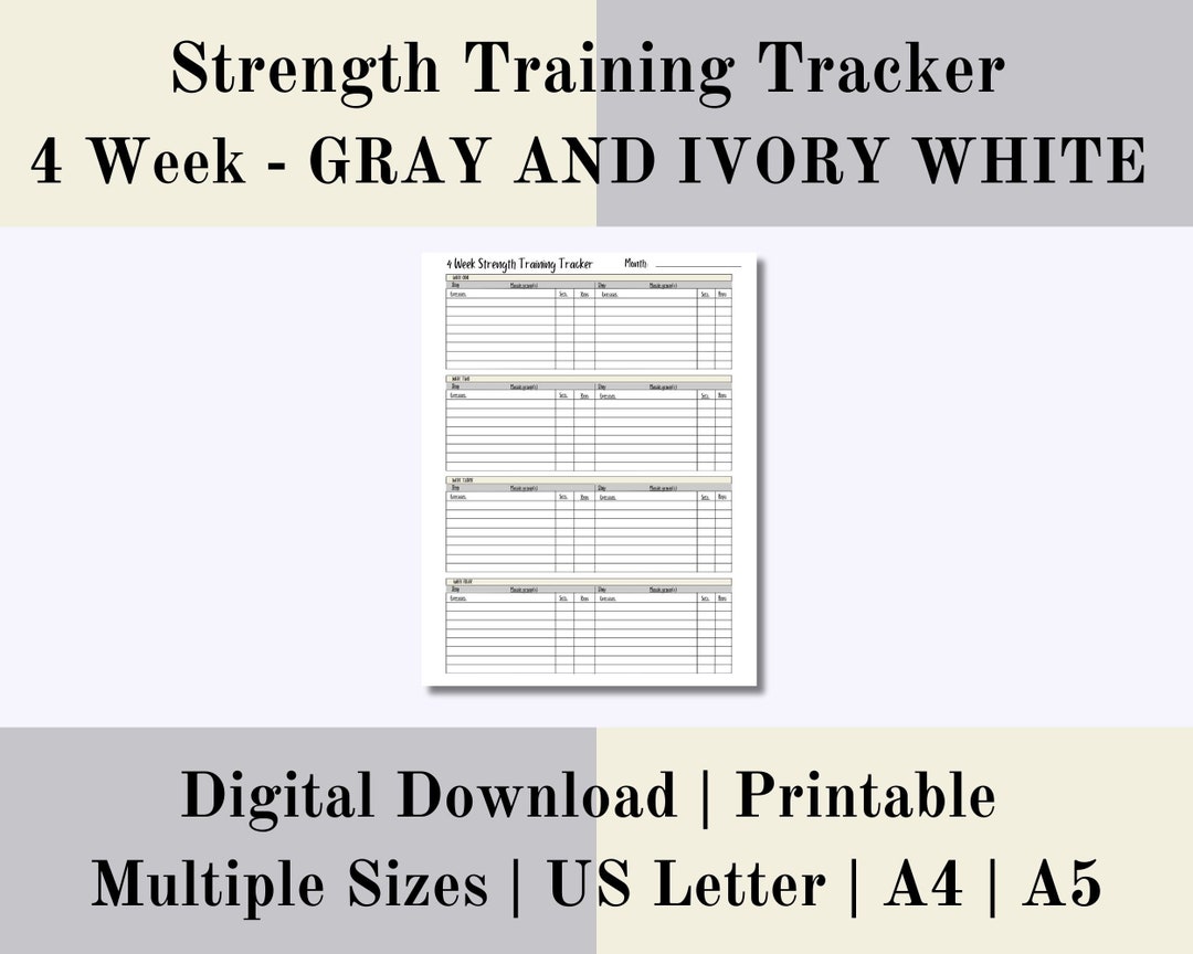 Strength Training 4 Week Tracker Gray Ivory White, Fitness Tracker ...