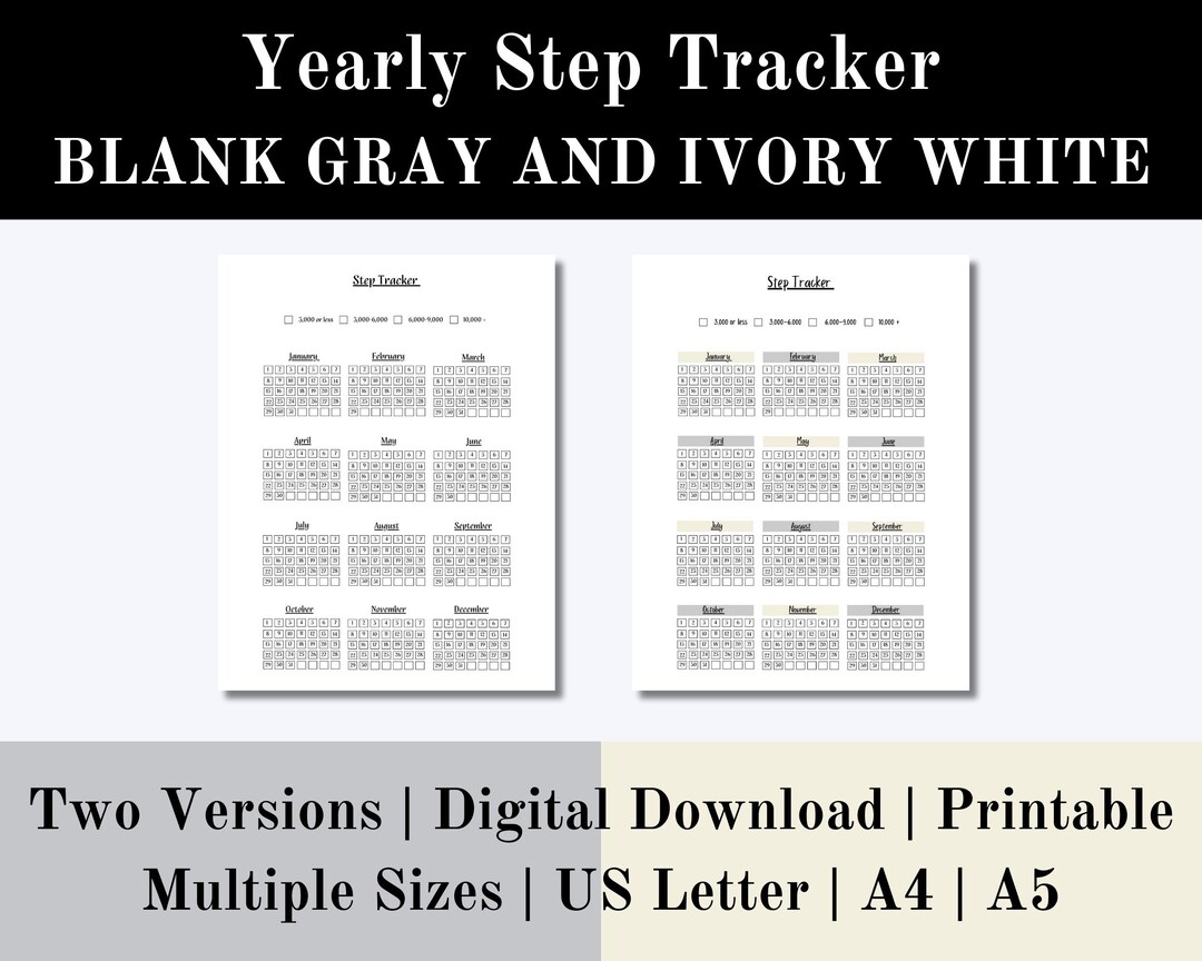 Yearly Step Tracker Gray Printable, Ivory White Daily Step Log Digital ...