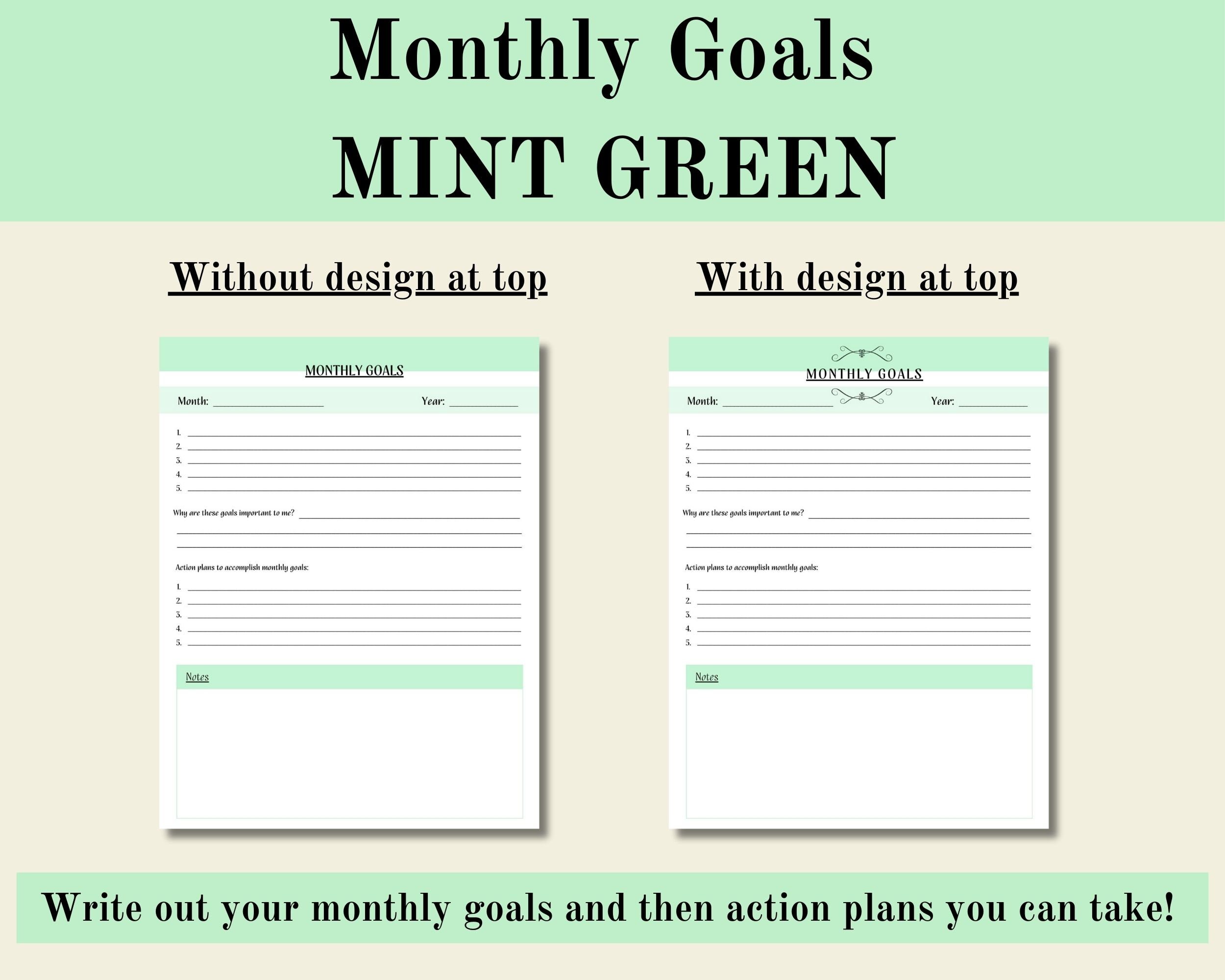Monthly Goals Mint Green, Goals Digital Printable, Goal Setting ...