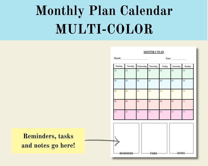 Monthly Calendar Multi Color Printable, Digital Goal Tracker Monthly ...