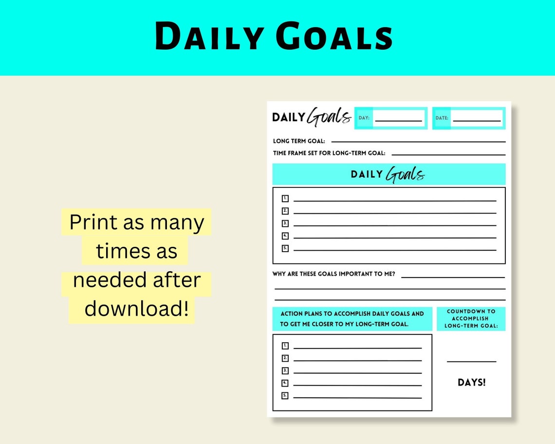 Daily Goals Printable, Daily Goal Sheet, Goal Planning, Goal Setting ...