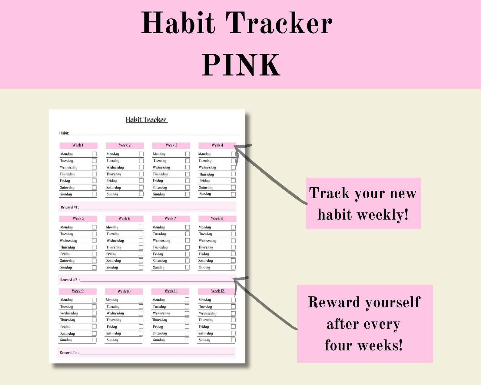 Pink Monthly Habit Tracker Printable, Weekly Tracker Digital, Habit ...