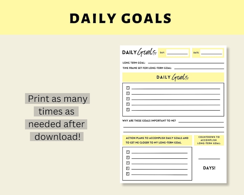 Metas Diarias Imprimibles, Configuración de Metas Imprimible, Hoja de ...