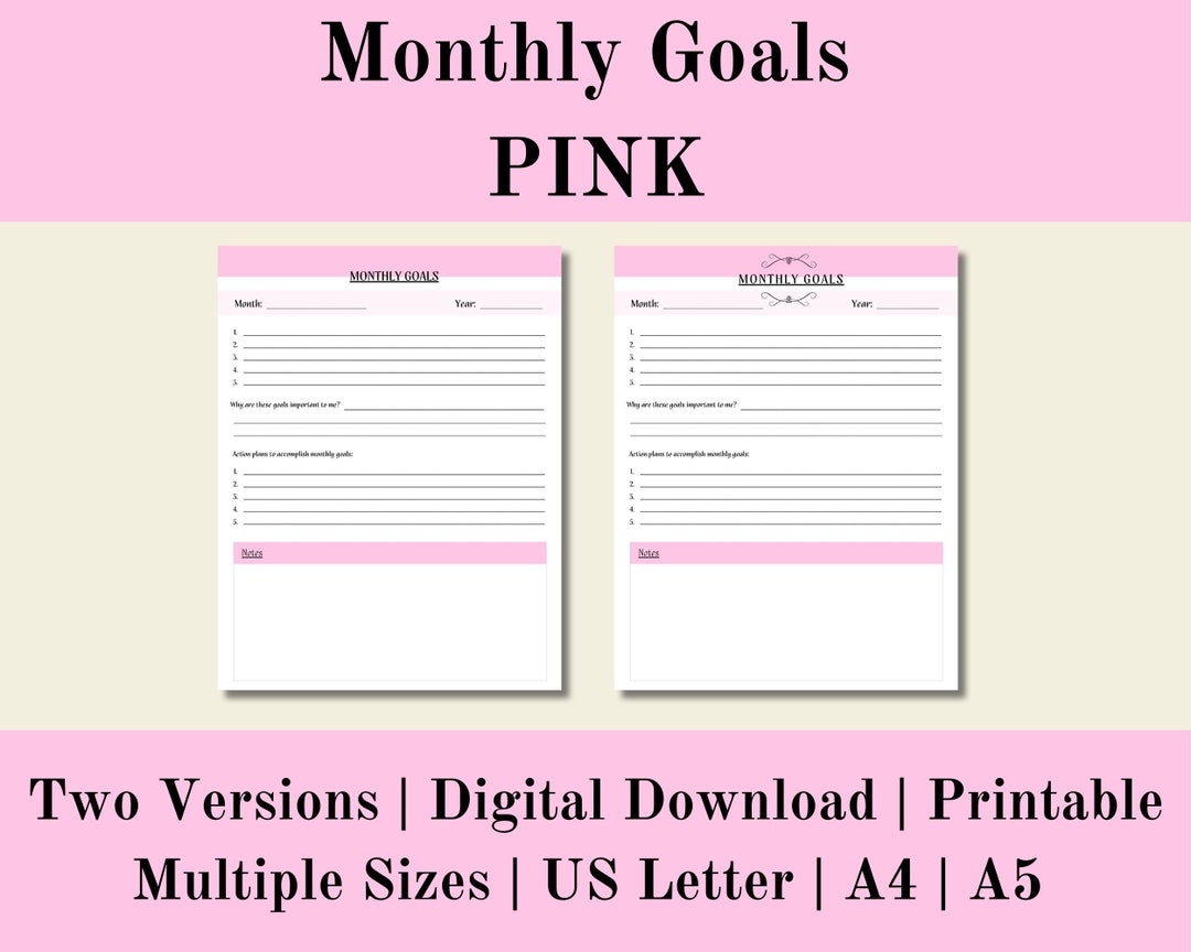 Monthly Goals Pink, Goals Digital Printable, Goal Setting Worksheets ...