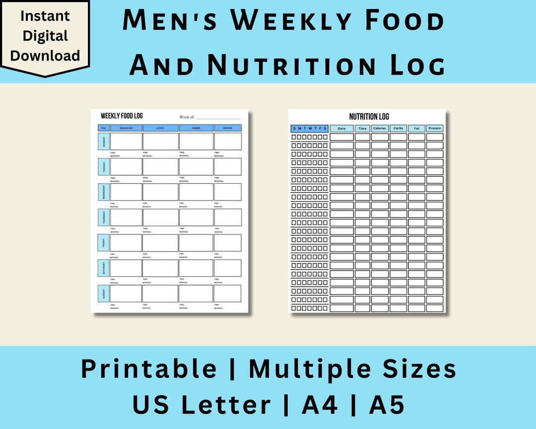 Printable Weekly Food and Nutrition Log, Weekly Food Log, Nutrition Log ...