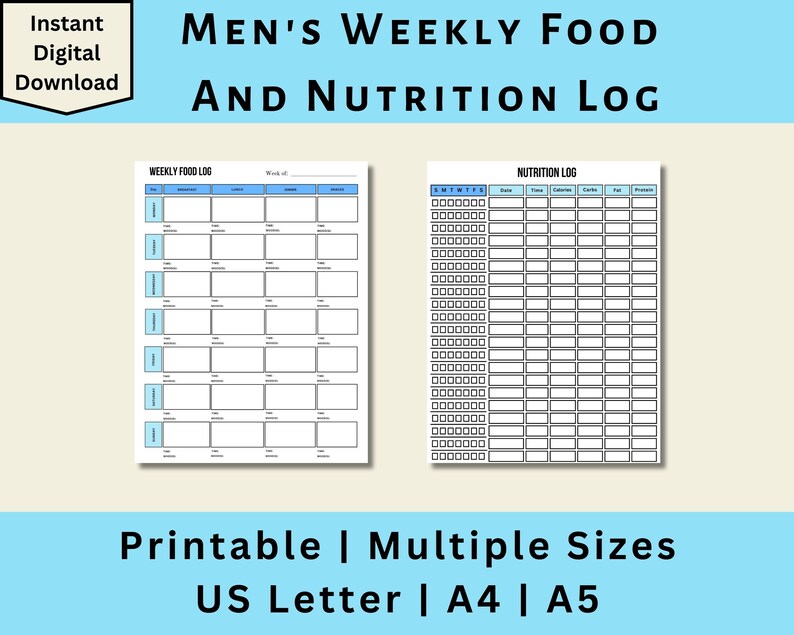 Printable Weekly Food and Nutrition Log, Weekly Food Log, Nutrition Log ...