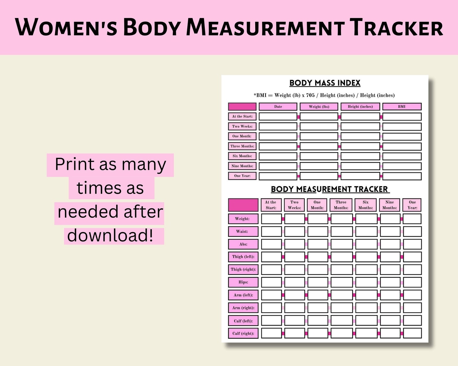 Body Measurement Tracker Printable, Body Image Progression, Weight Loss ...