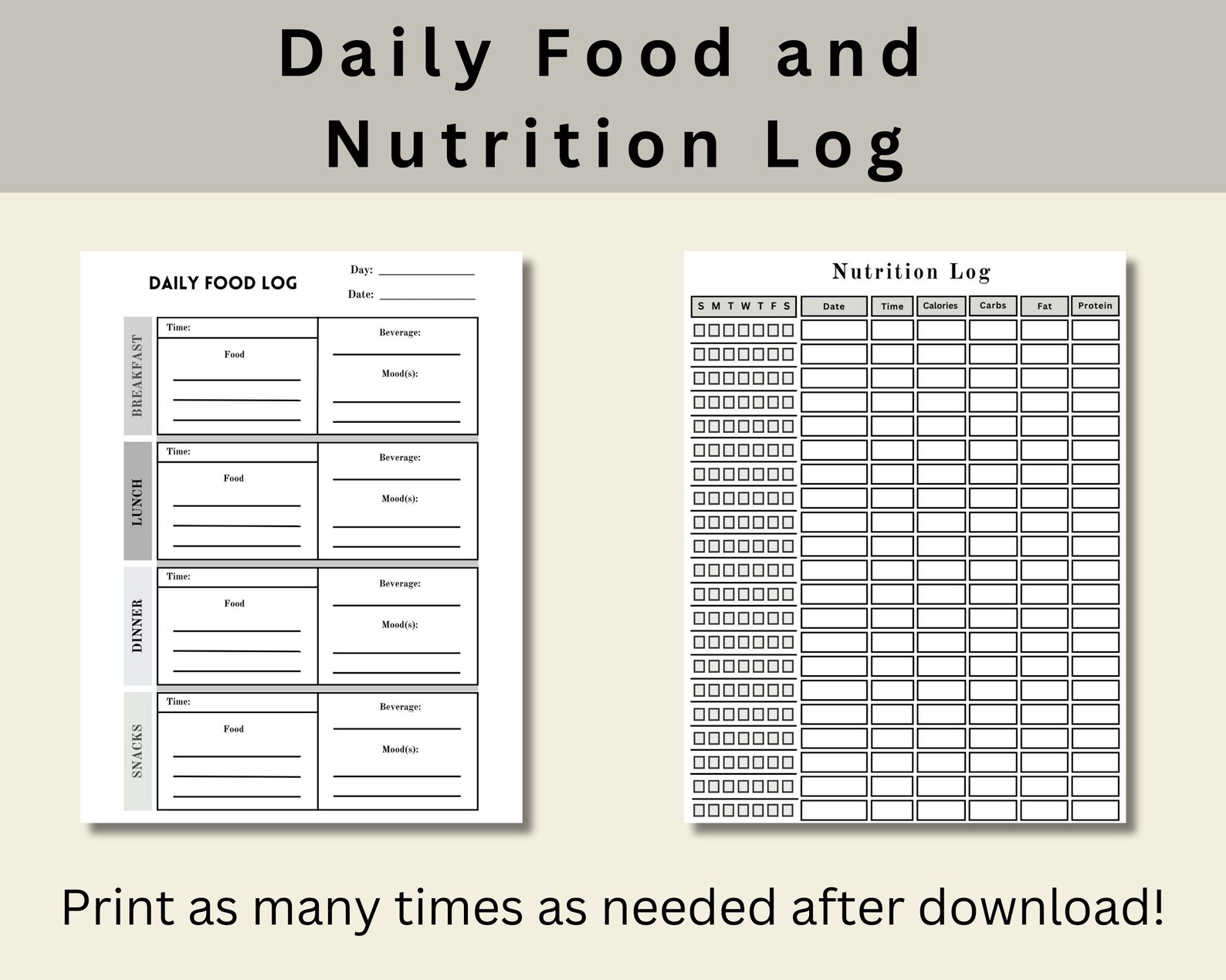 Printable Daily Food and Nutrition Log, Nutrition Log, Daily Food Log ...