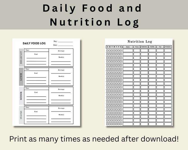Printable Daily Food and Nutrition Log, Nutrition Log, Daily Food Log ...