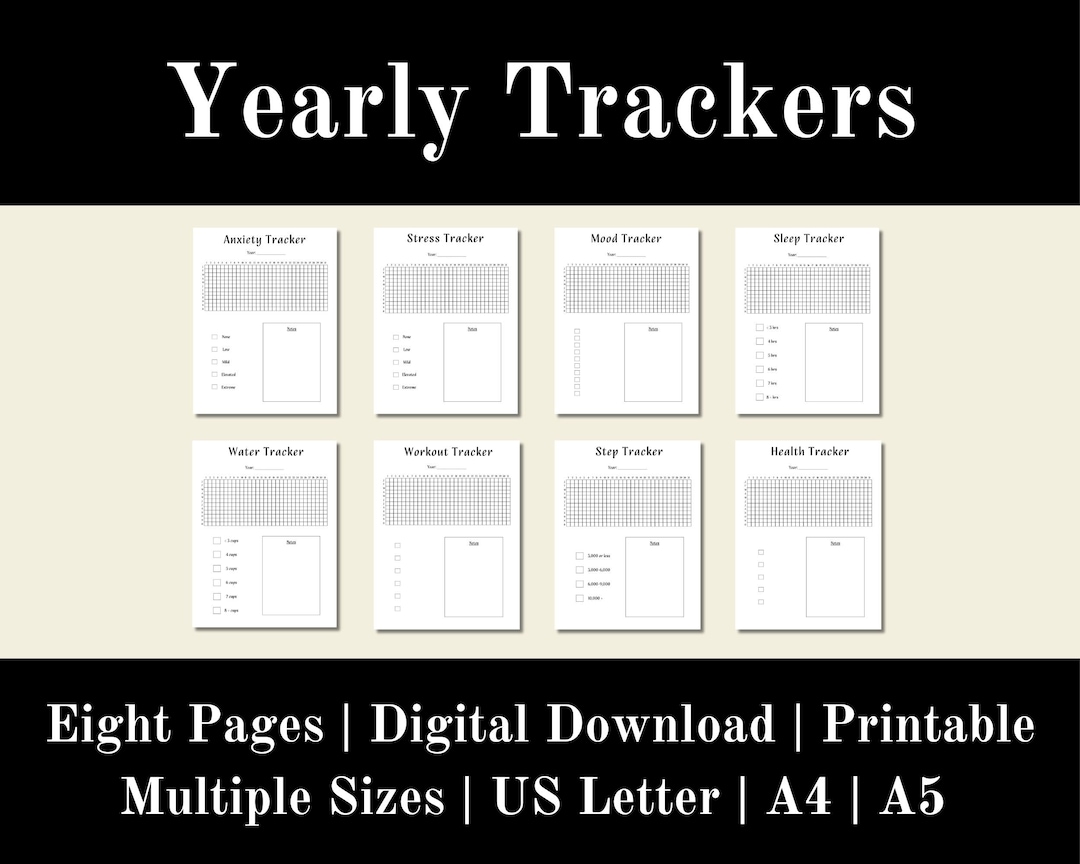 Yearly Trackers Blank Printable, Monthly Trackers Digital Log, Anxiety ...